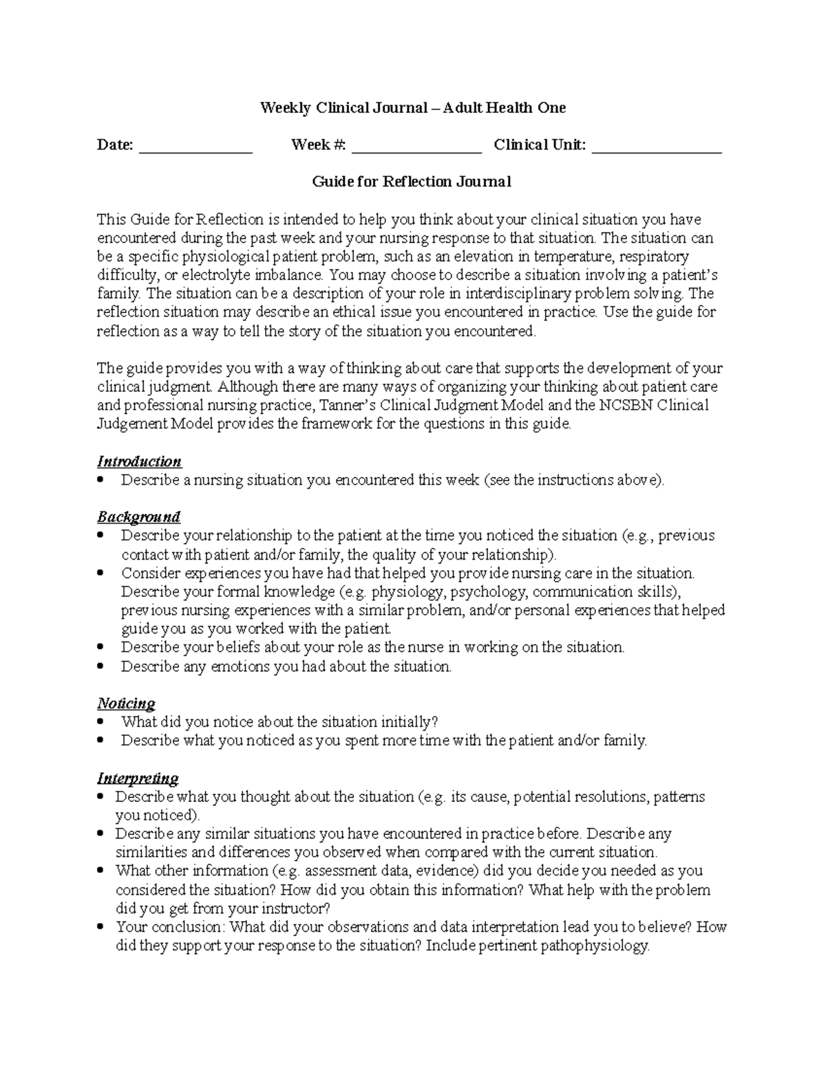 Guide for Reflection Journal AH1 - Weekly Clinical Journal – Adult ...