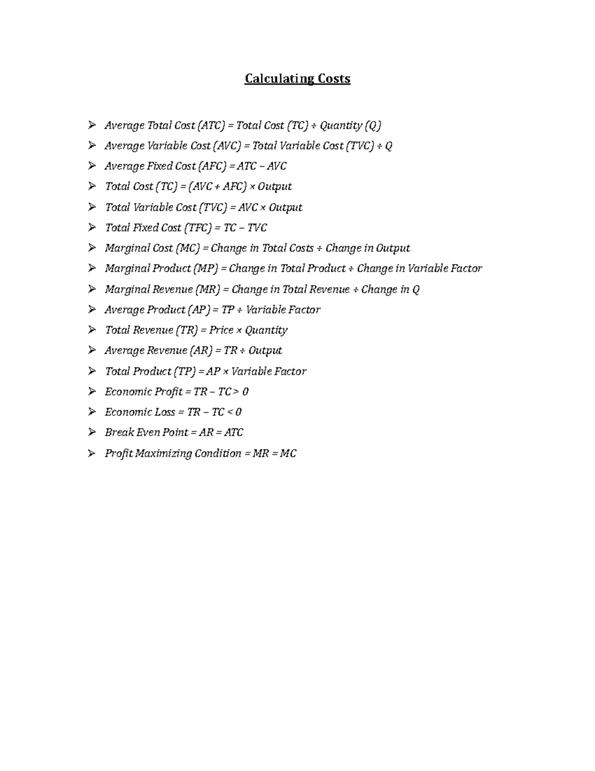 ECON 1000 Calculations Sheet - Calculating Costs Average Total Cost ...