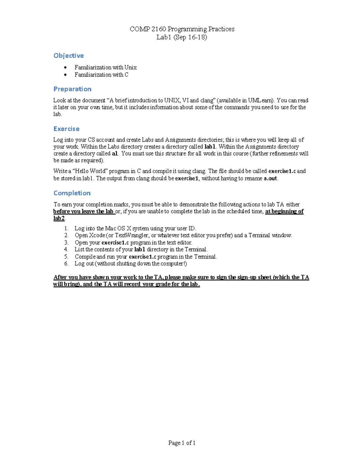 Comp 2160 Programming Practices Lab1 Sep Objective Familiarization With Unix Familiarization 