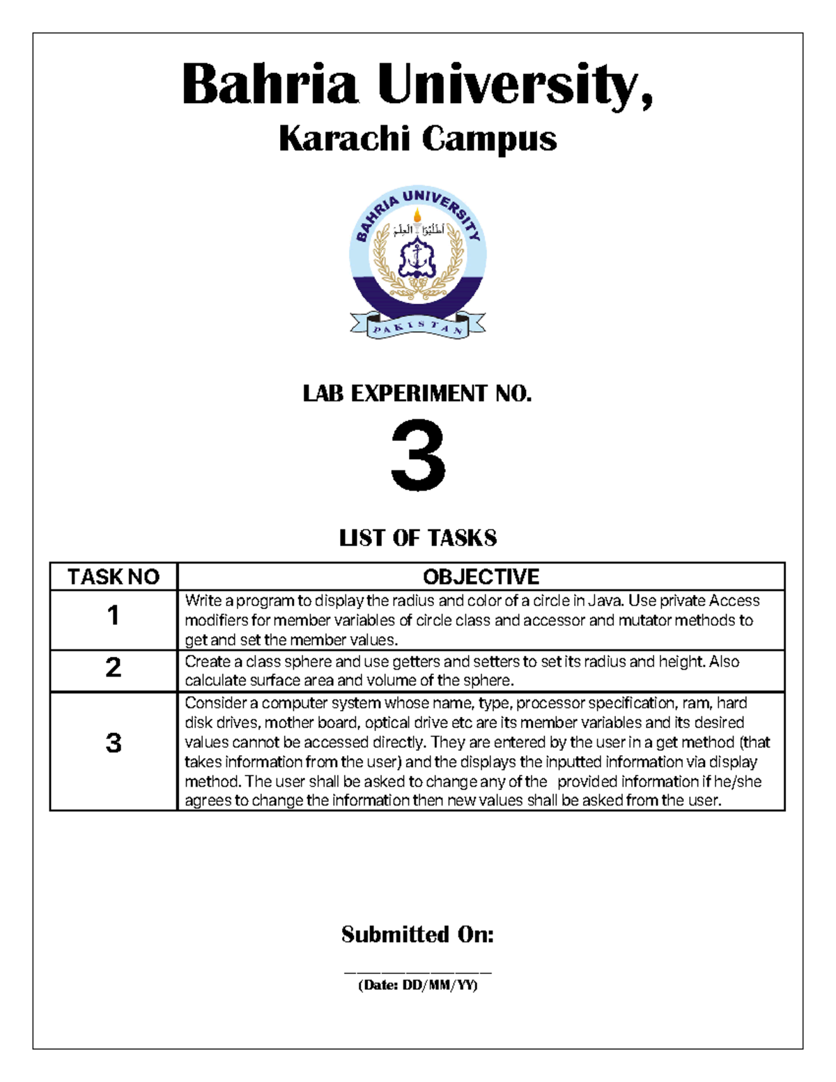 Oop Lab3 Its A Oop Lab Content Bahria University Karachi Campus Lab Experiment No List Of