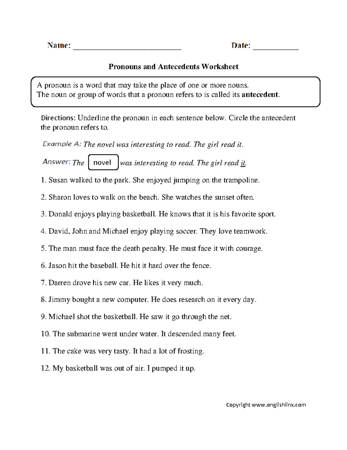 Pronouns and Antecedents Worksheet - Pronouns and Antecedents Worksheet ...