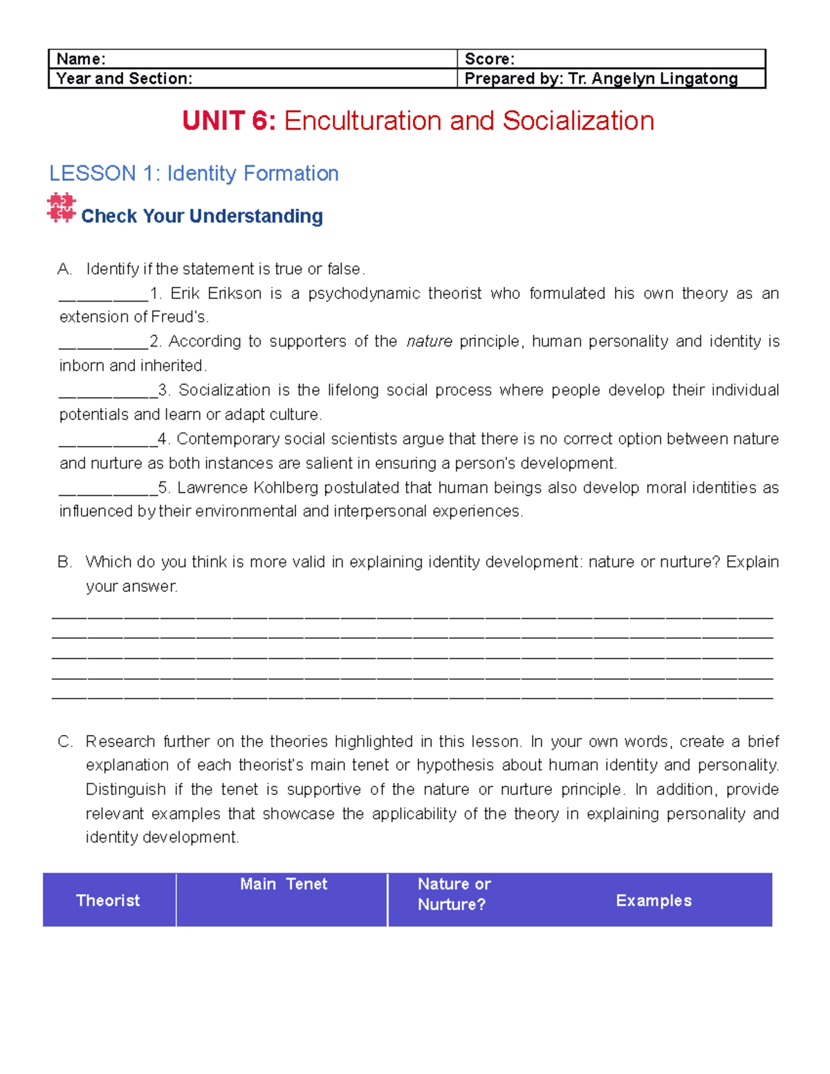 Enculturation and Socialization worksheets (Repaired) - Name: Score ...