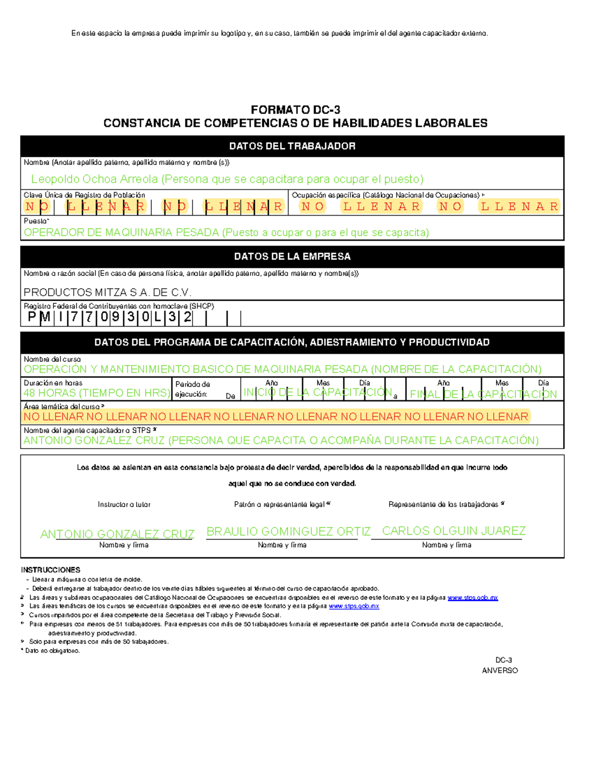 Formato-DC-3-stps Ejemplo - En este espacio la empresa puede imprimir su logotipo y, en su caso ...