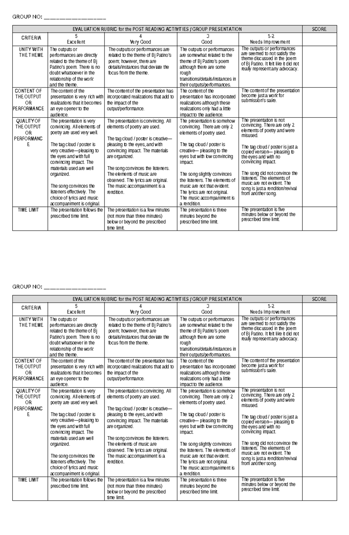 Rubrics - GROUP NO: ____________________ EVALUATION RUBRIC for the POST ...