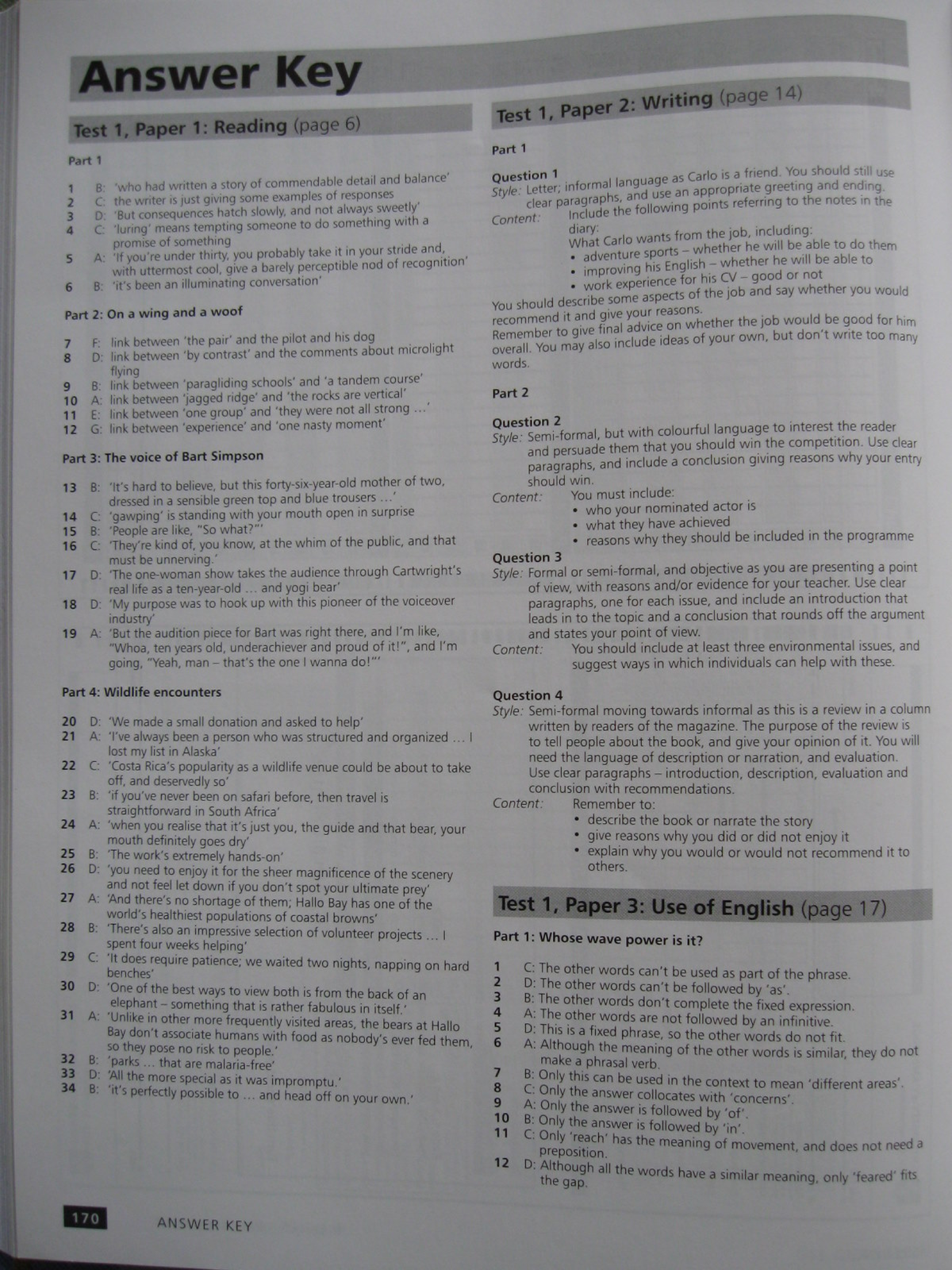 Answer key - cae test plus new edition - Answer Key Test 1, Paper 2 ...