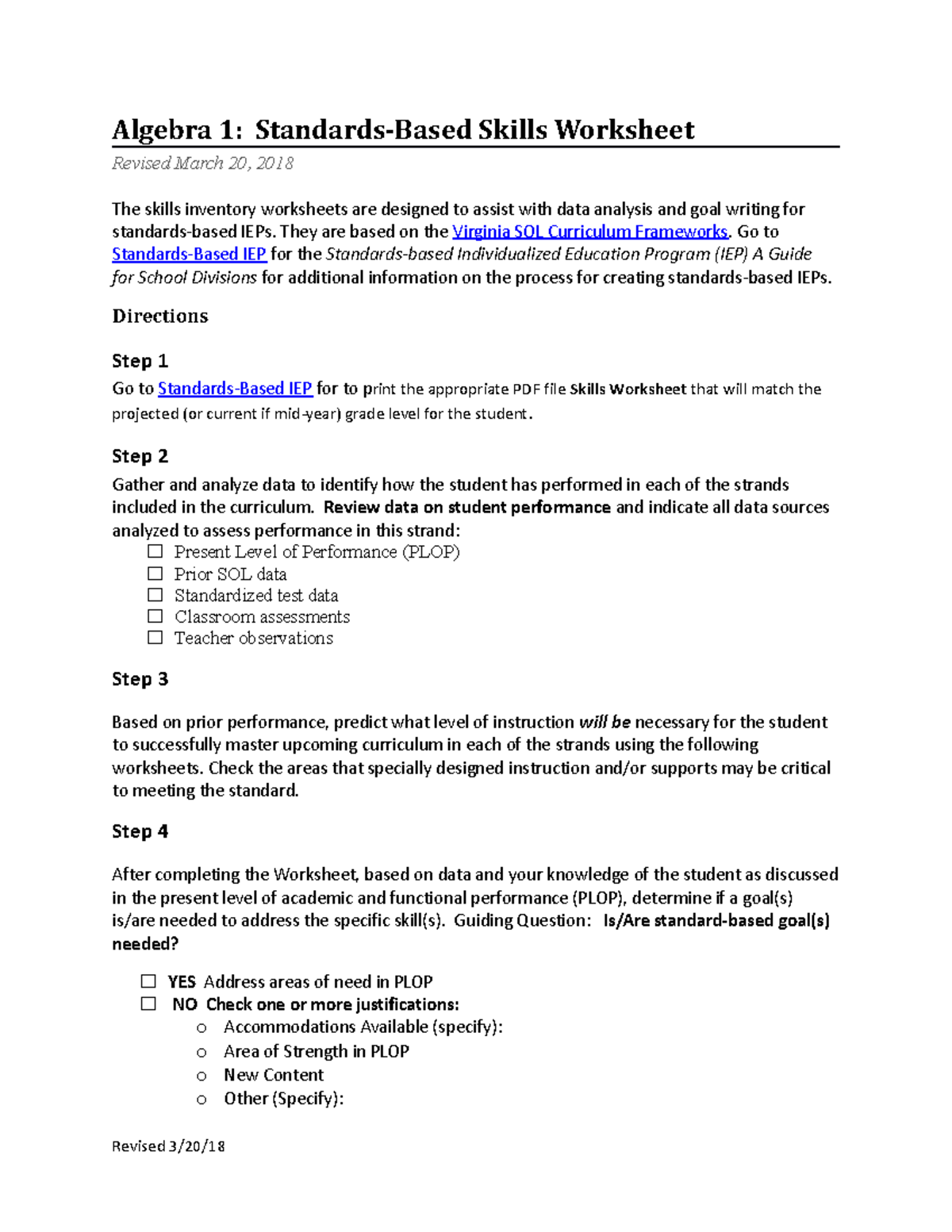 Algebra 1 skills worksheet - Algebra 1: Standards-Based Skills ...