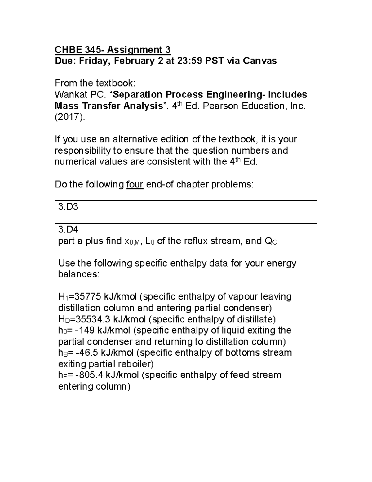2024 01 26 345 Assignment 3 - CHBE 345- Assignment 3 Due: Friday, February 2 at 23:59 PST via ...