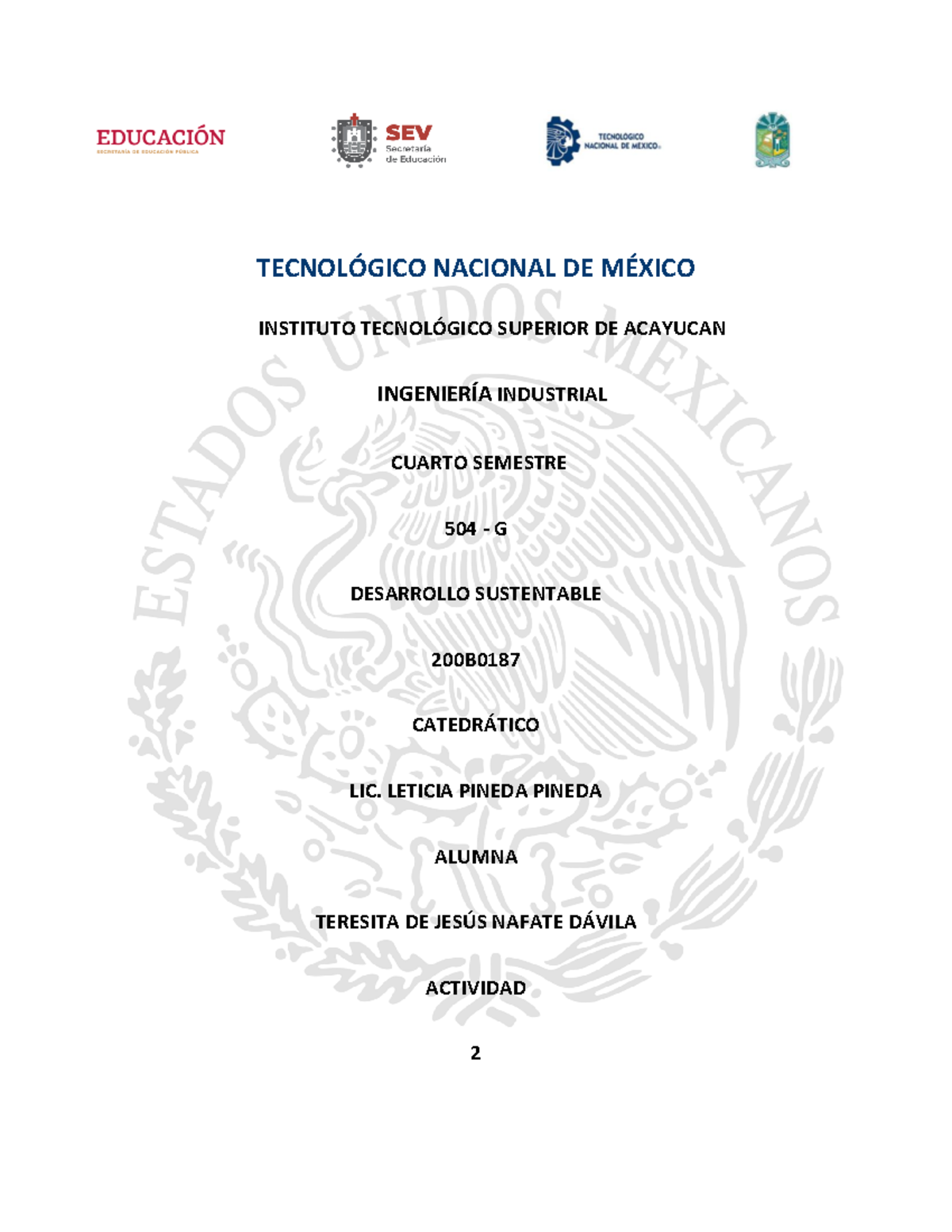 Trabajo 2 Teresita Nafate Davila - TECNOL”GICO NACIONAL DE M ...