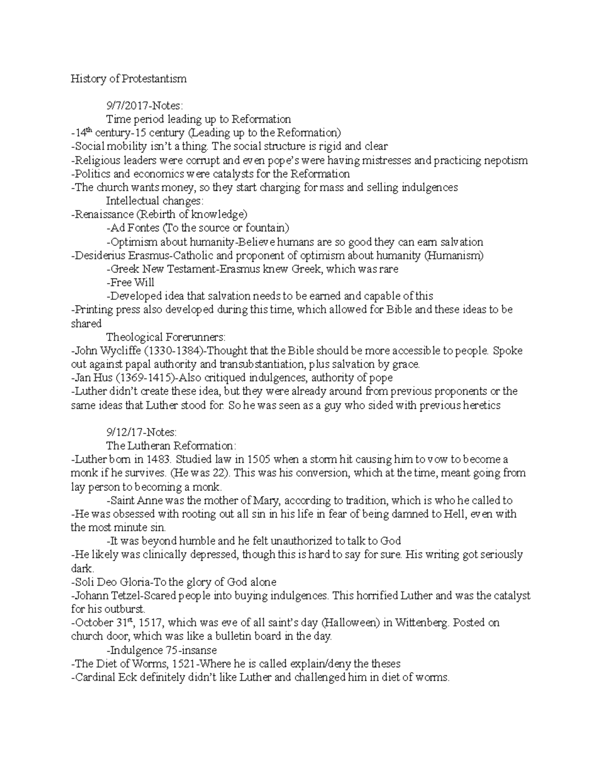 Notes - History of Protestantism 9/7/2017-Notes: Time period leading up ...