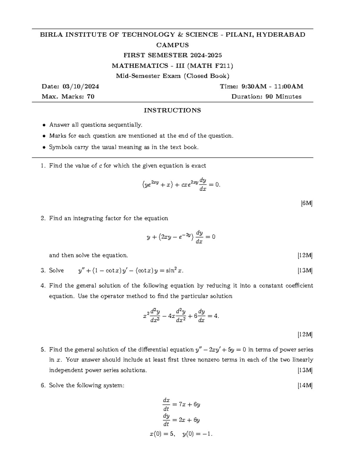 MATH III Mid Semester QP Sol - BIRLA INSTITUTE OF TECHNOLOGY & SCIENCE - PILANI, HYDERABAD - Studocu