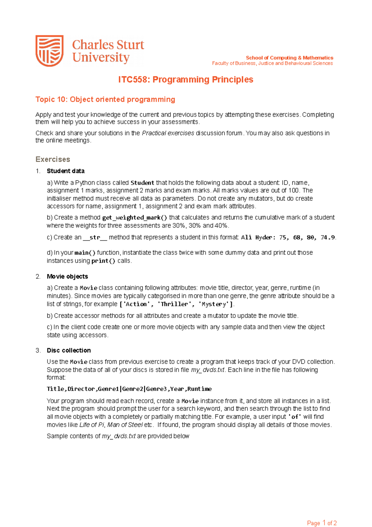 Topic 10 Practical exercises v3 - ITC558: Programming Principles Topic 10: Object oriented - Studocu