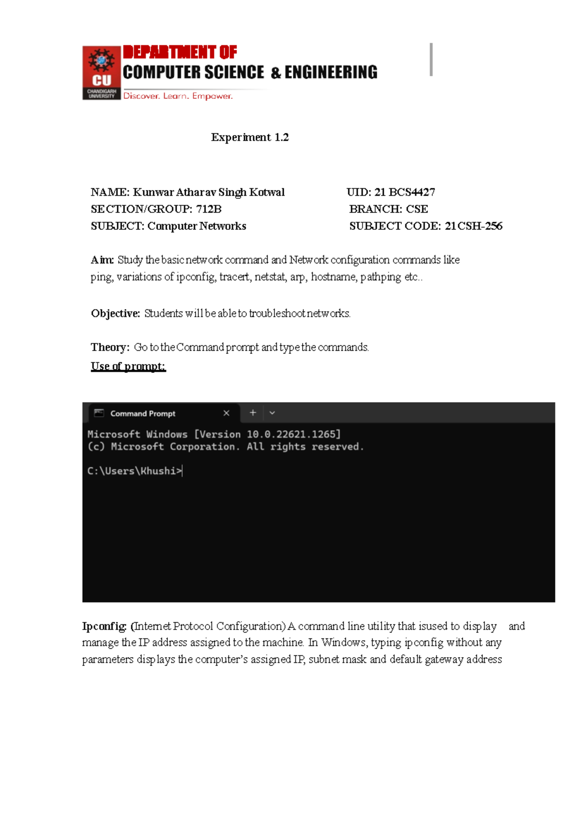 Worksheet 2 Of Unit 2 Experiment 1 Name Kunwar Atharav Singh Kotwal Uid 21 Bcs Section 