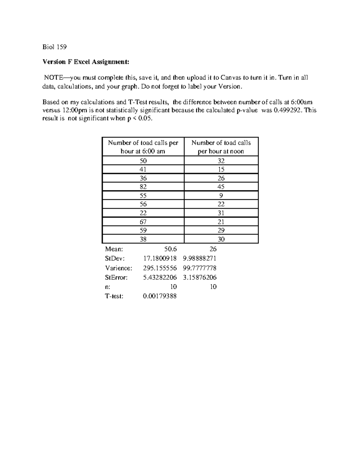 Bio 159 Excel Assignment version F 2023 - Biol 159 Version F Excel ...