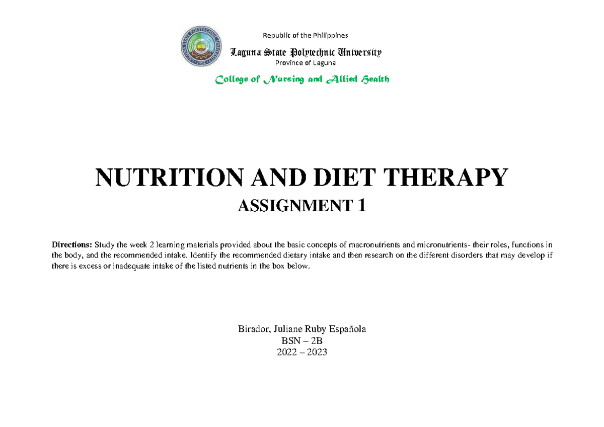 Nutrition and Diet Therapy - Republic of the Philippines Laguna State ...