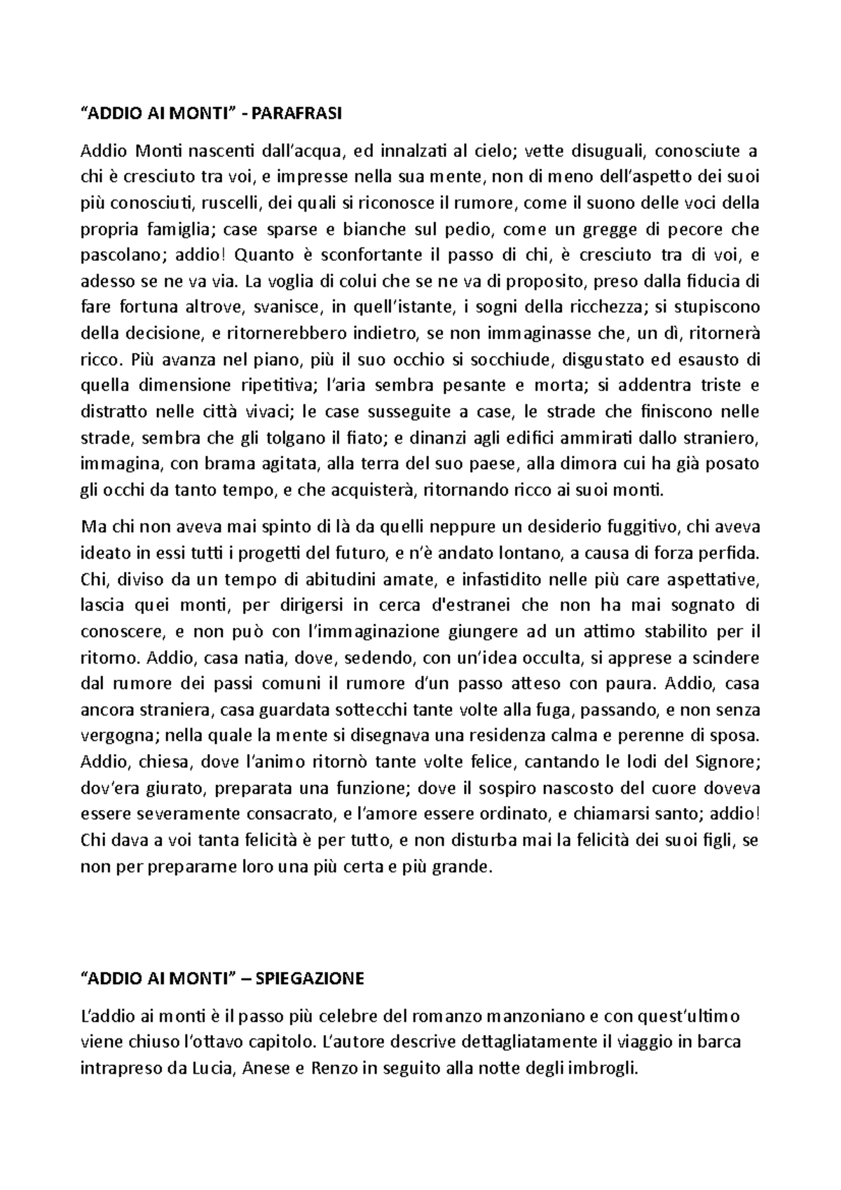 Addio ai monti spiegazione - “ADDIO AI MONTI” - PARAFRASI Addio Monti ...