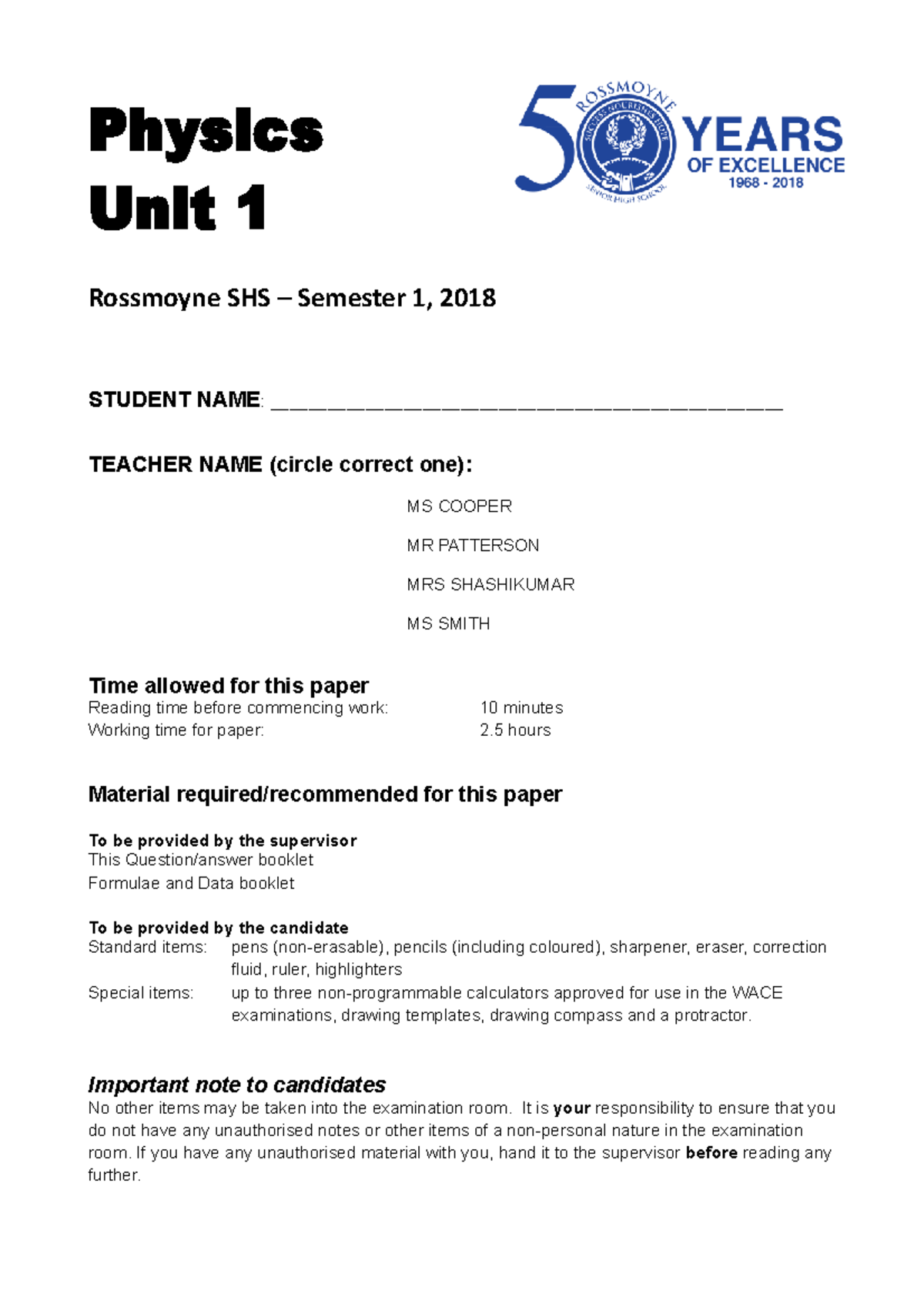 2018 Semester One Physics Exam Marking Key - Physics Unit 1 Rossmoyne ...
