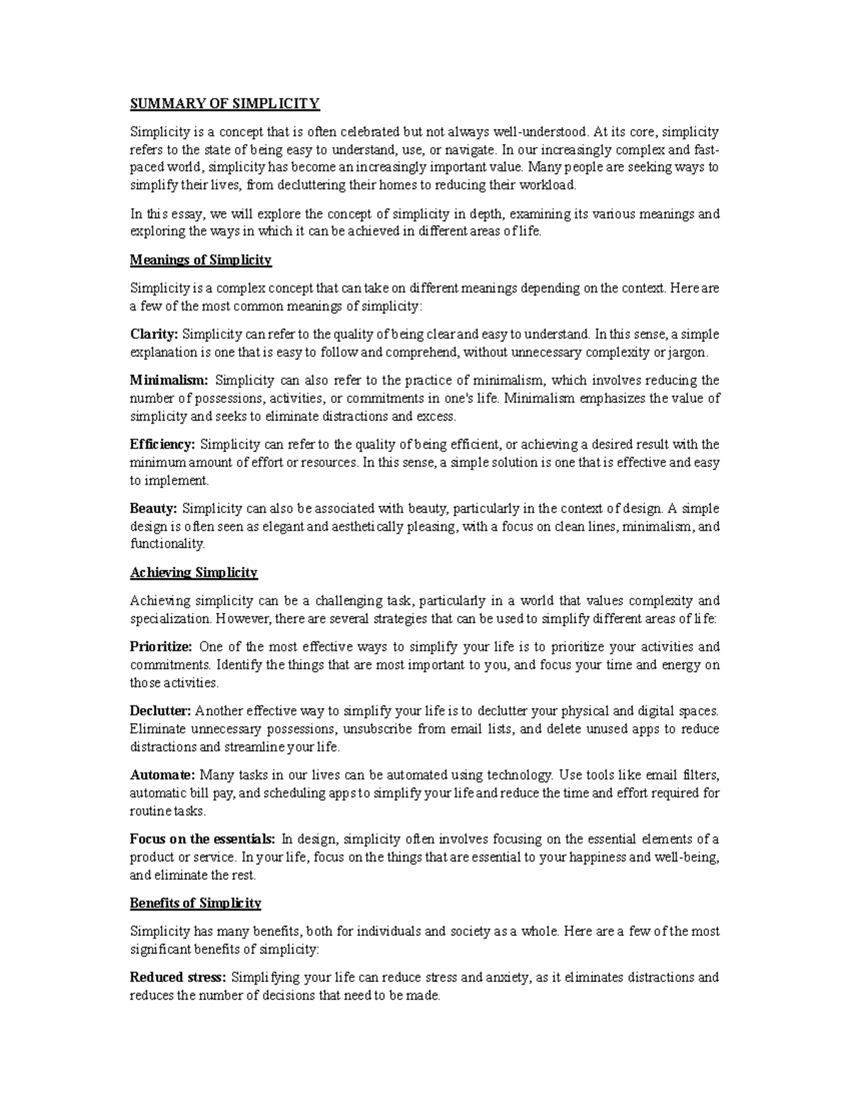 Summary of Simplicity - SUMMARY OF SIMPLICITY Simplicity is a concept that is often celebrated ...