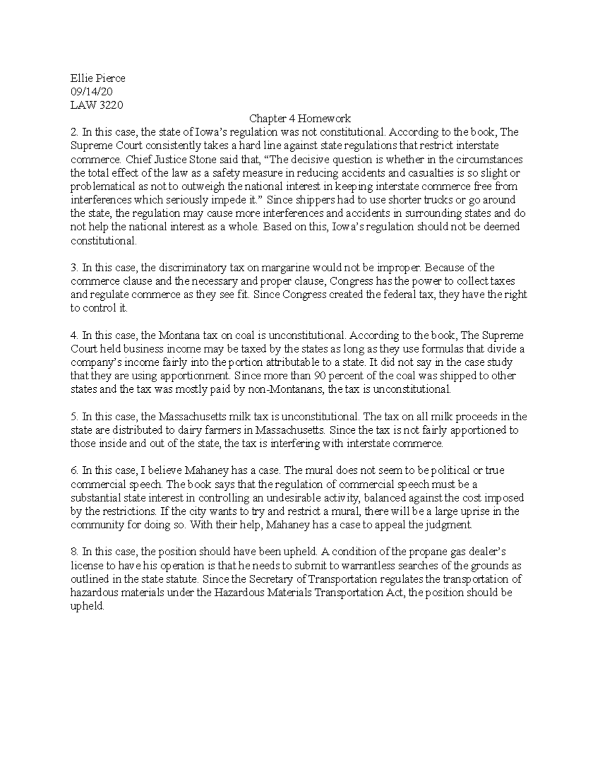 Law Ch4 Homework - practice questions for chapter 4 - Ellie Pierce 09 ...