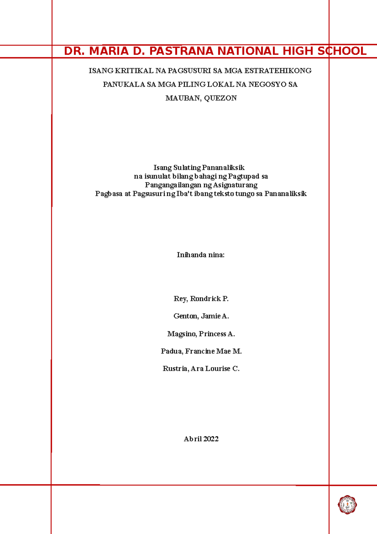 Pagsusuri- Final- Manuscript - ISANG KRITIKAL NA PAGSUSURI SA MGA ...