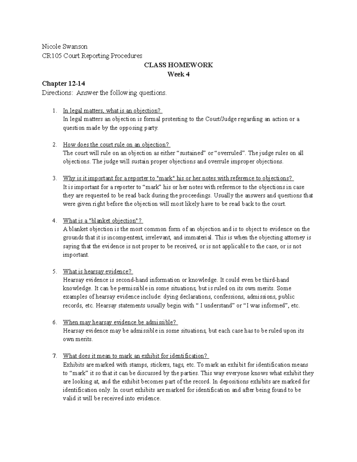 CR105 Court Reporting Procedures WEEK 4 - Nicole Swanson CR105 Court ...