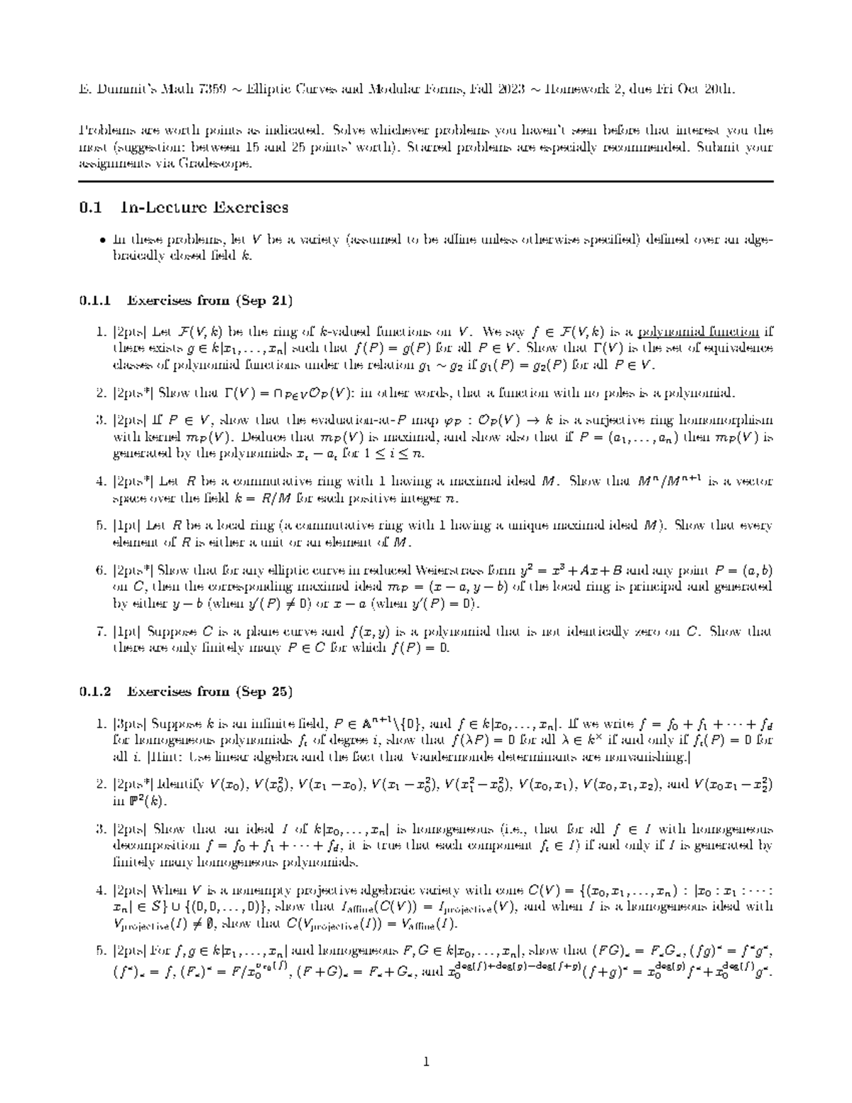 7359 homework 2 v2 - lecture - E. Dummit's Math 7359 ∼ Elliptic Curves ...