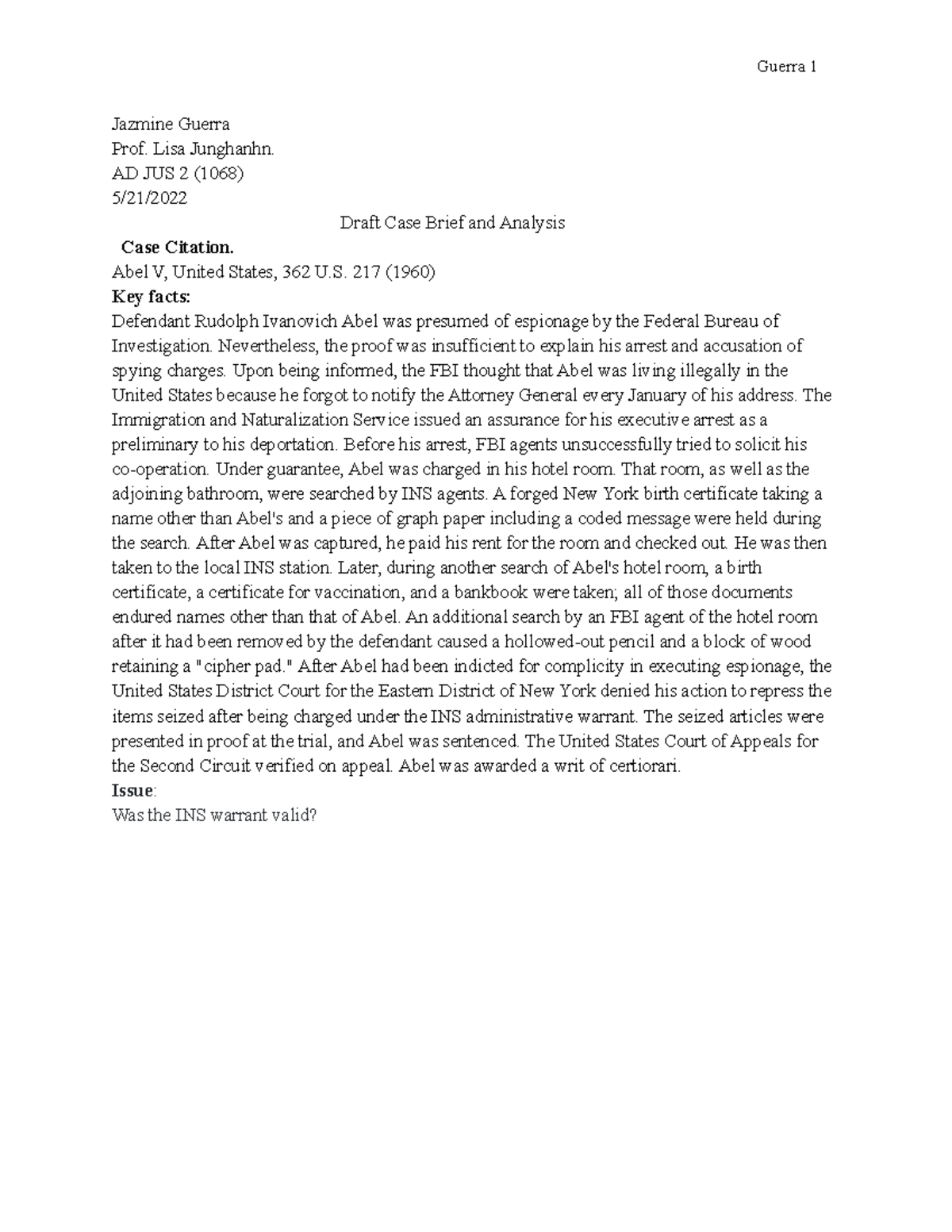 Draft case and analysis JG - Guerra 1 Jazmine Guerra Prof. Lisa ...