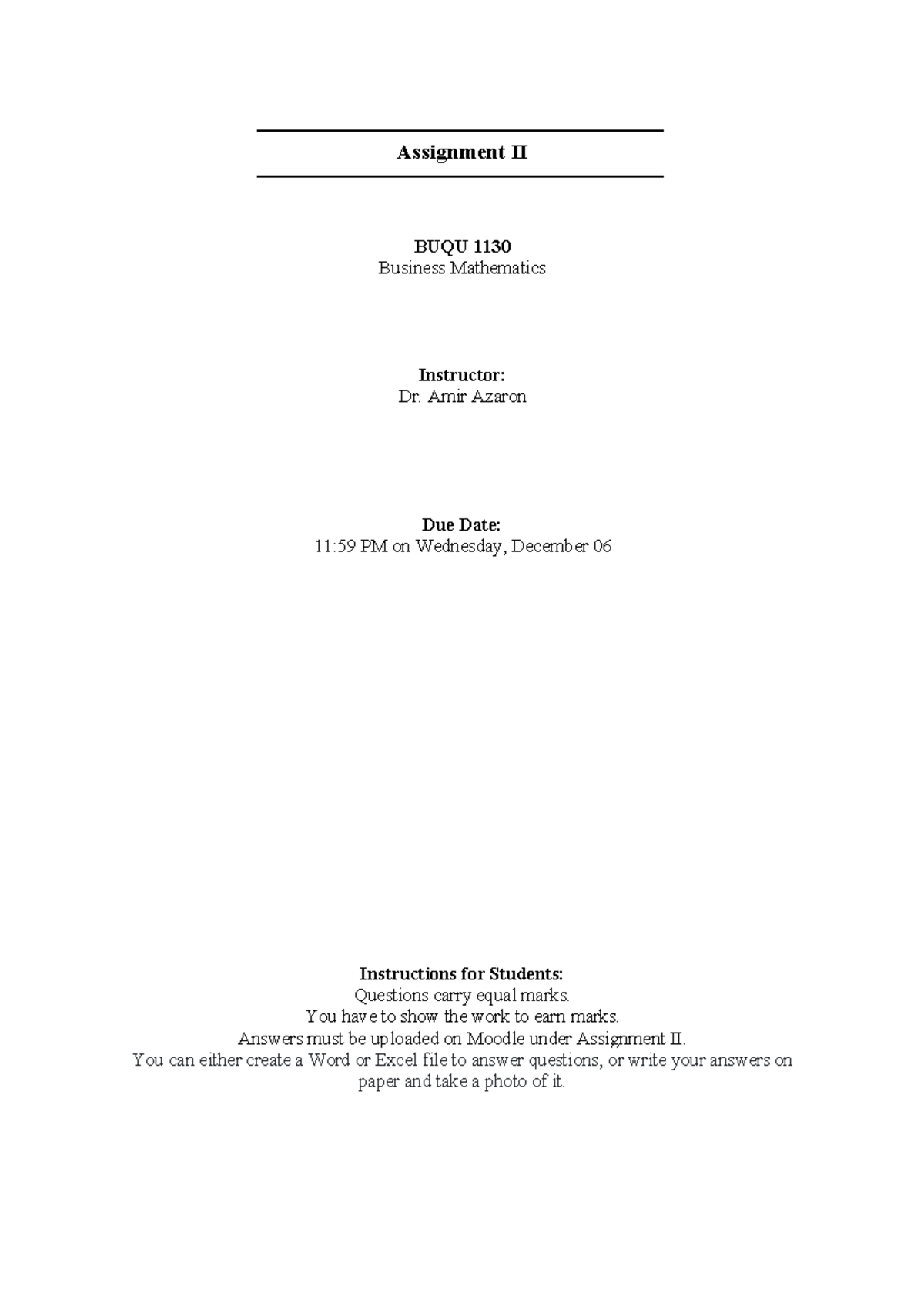 Assignment II - BUQU1130 - Assignment II BUQU 1130 Business Mathematics ...