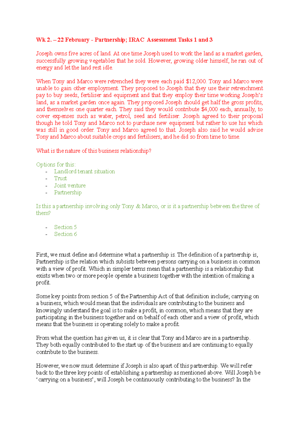 Wk 2 Tutorial Answer - Wk 2. – 22 February - Partnership; IRAC Assessment Tasks 1 and 3 Joseph ...