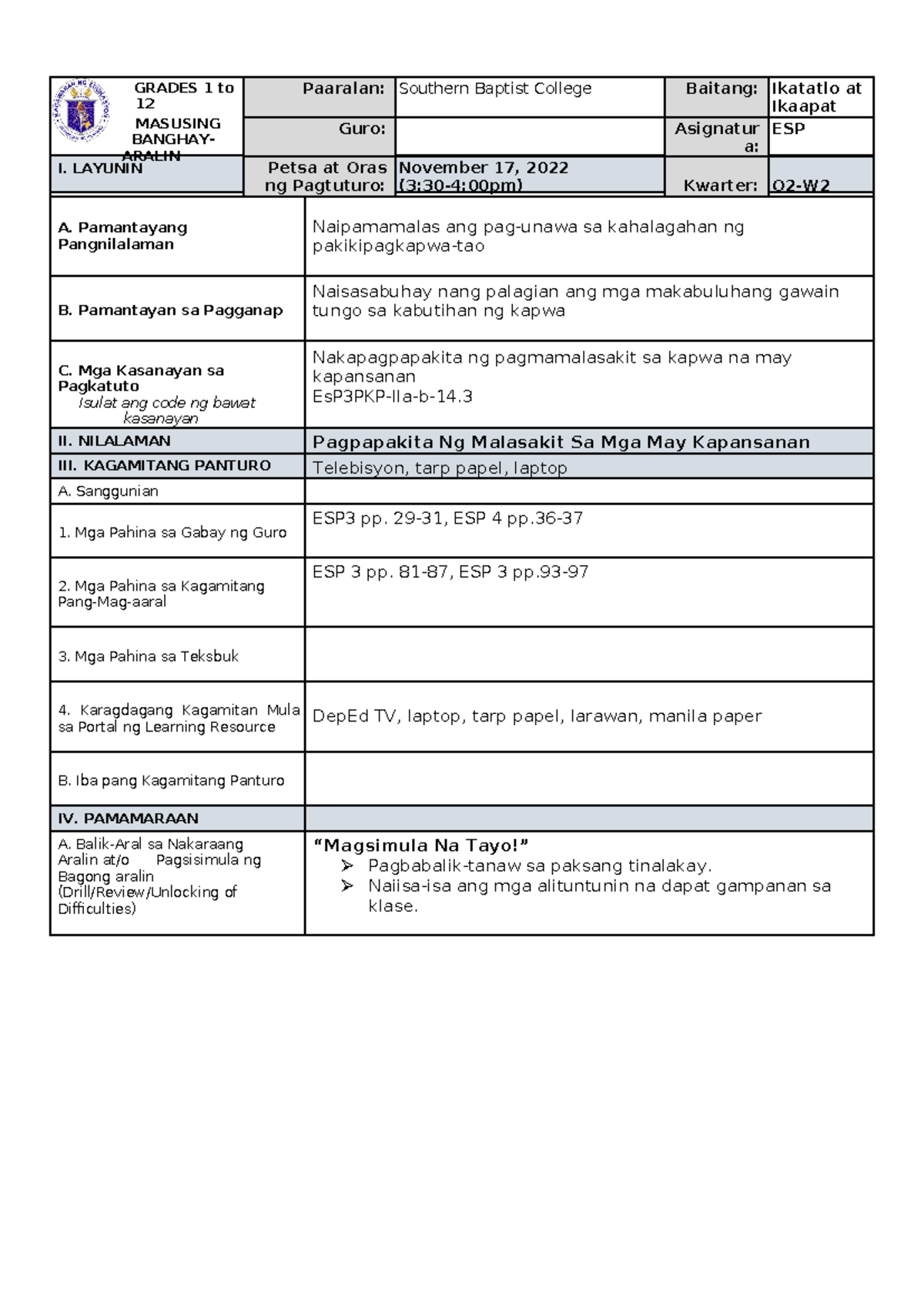 Daily-Lesson-Plan-Fil - I. LAYUNIN A. Pamantayang Pangnilalaman ...