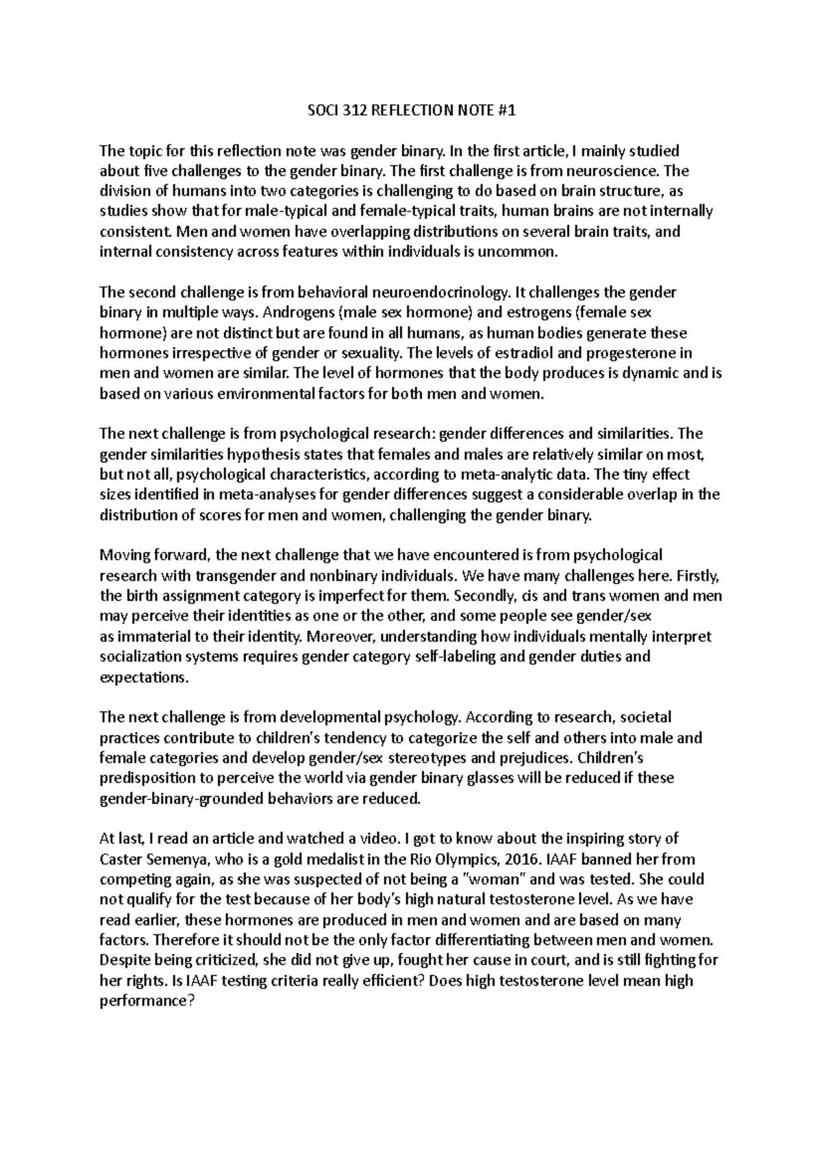 SOCI 312 Reflection NOTE 1 - SOCI 312 REFLECTION NOTE The topic for ...