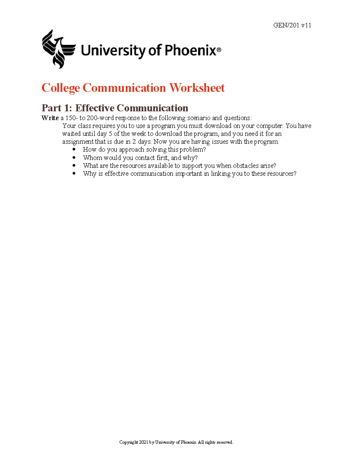 Gen201 v11 new wk3 college communication worksheet - GEN 201 - UOPX ...