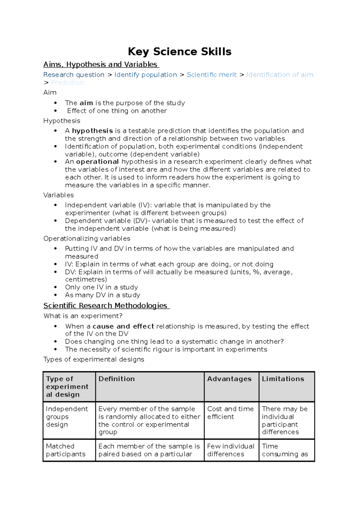 Key Science Skills - Key Science Skills Aims, Hypothesis and Variables ...