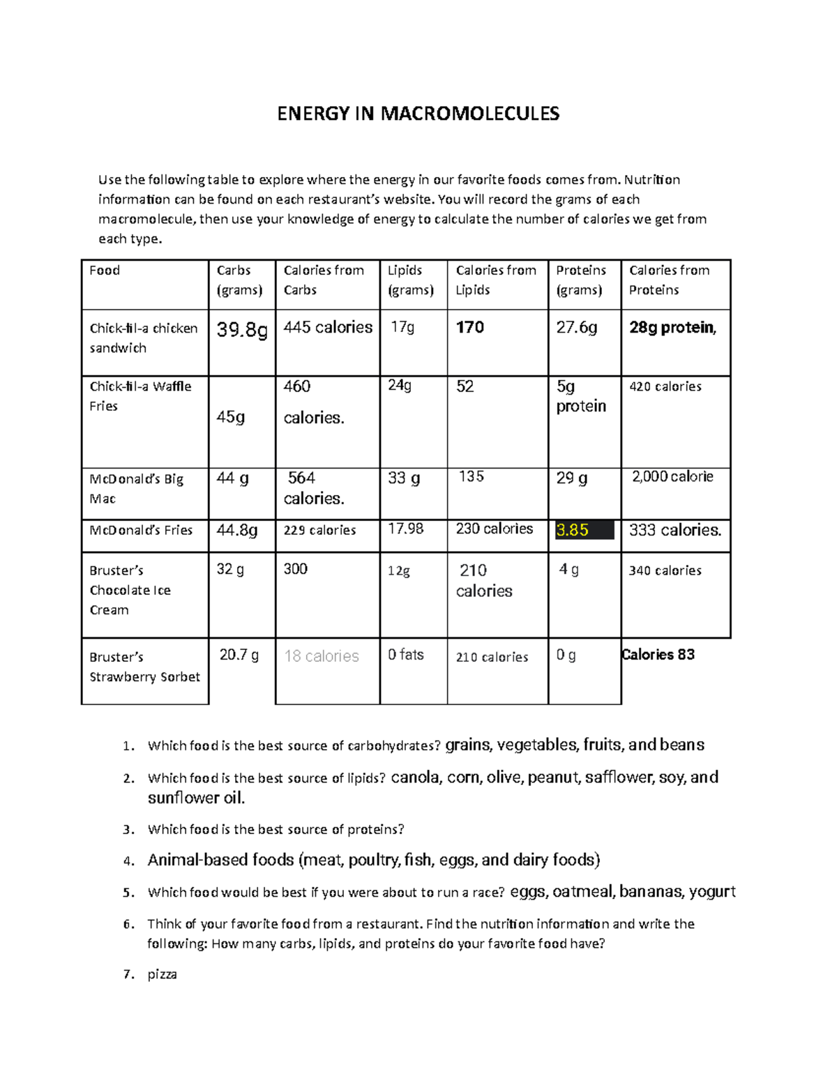 Energy IN Macromolecules Worksheet - ENERGY IN MACROMOLECULES Use the ...