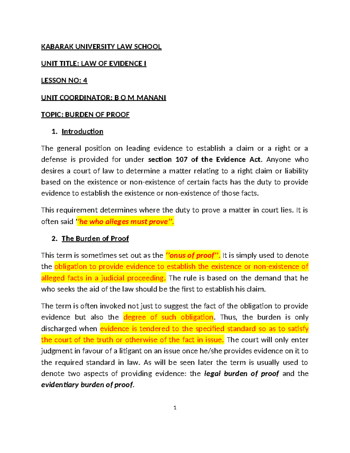 Lesson 4 Evidence Law - Notes - KABARAK UNIVERSITY LAW SCHOOL UNIT ...