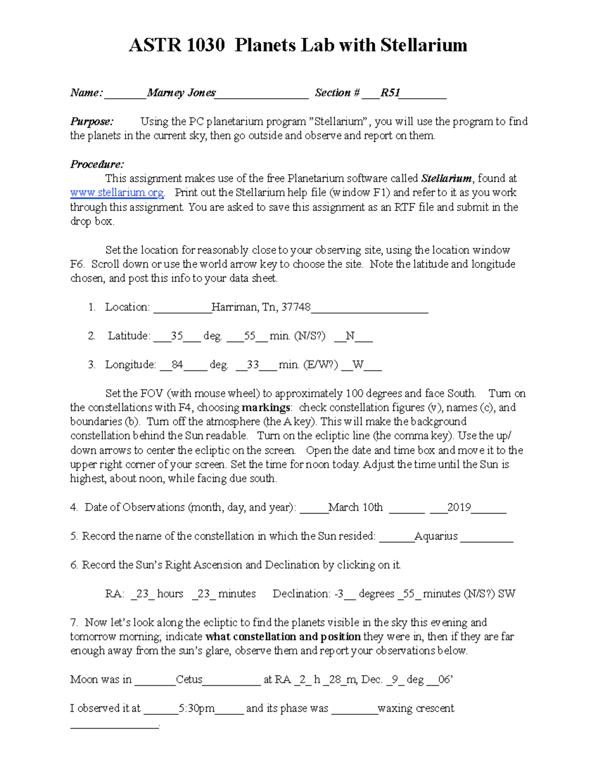 Lab8ASTR - astronomy lab - ASTR 1030 Planets Lab with Stellarium Name: Marney Jones ...