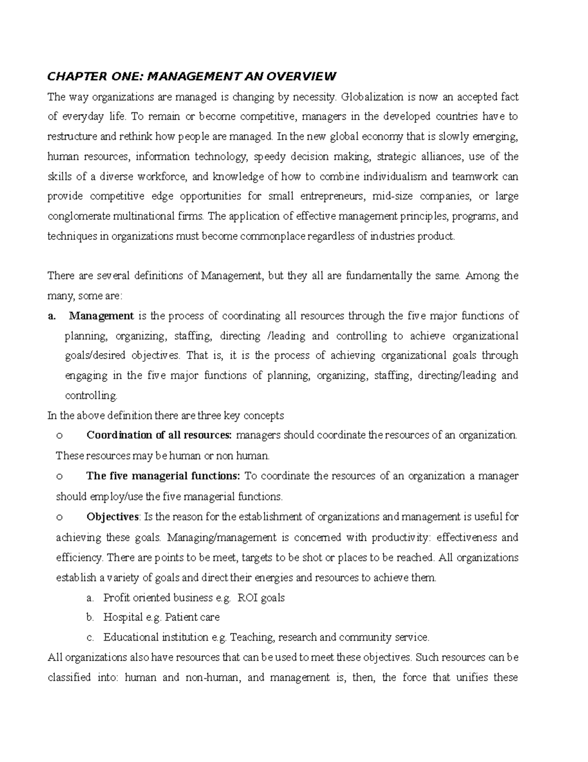 Chapter 1 Overveiw - Learn to best and clear - CHAPTER ONE: MANAGEMENT ...