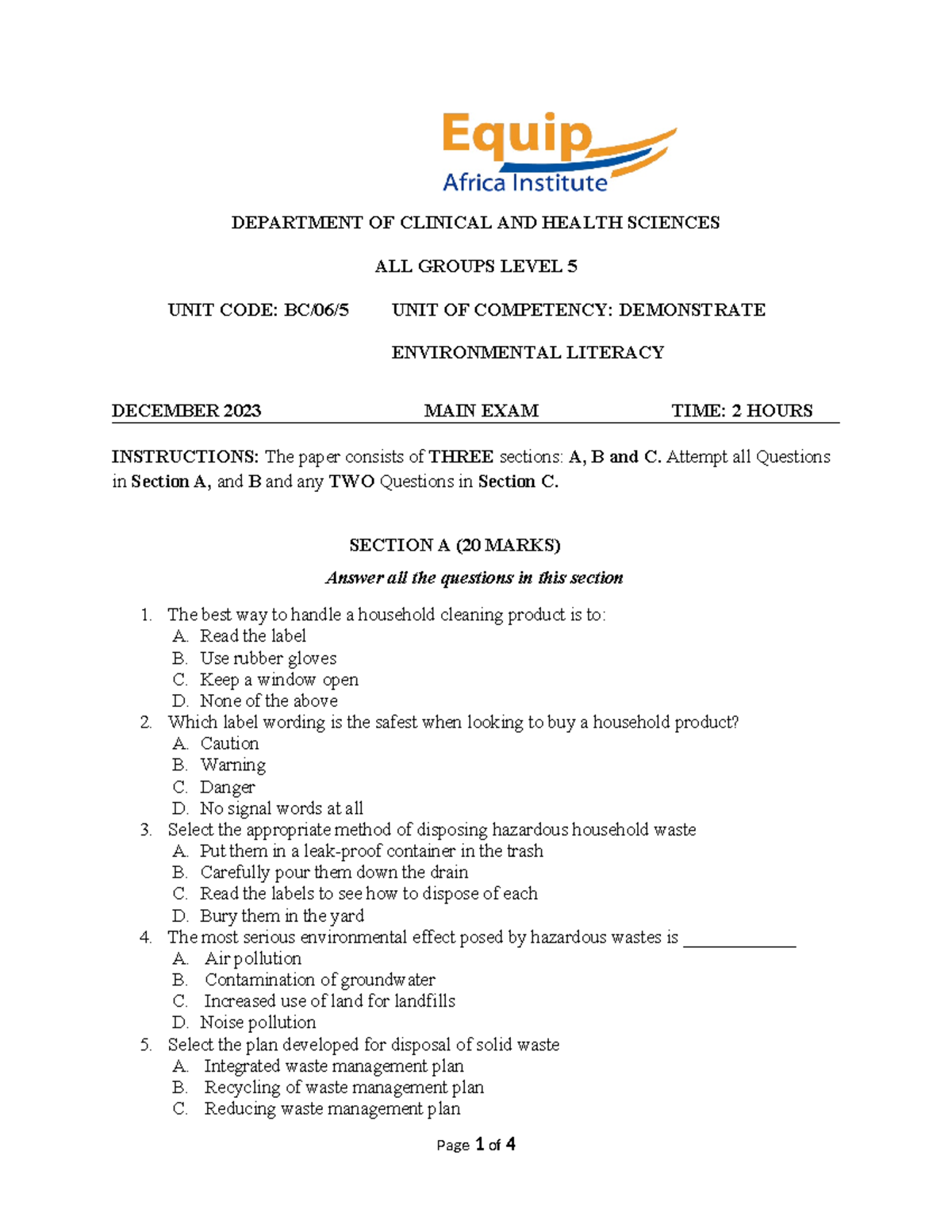 Environmental Literacy Level 5 END SEM - DEPARTMENT OF CLINICAL AND ...