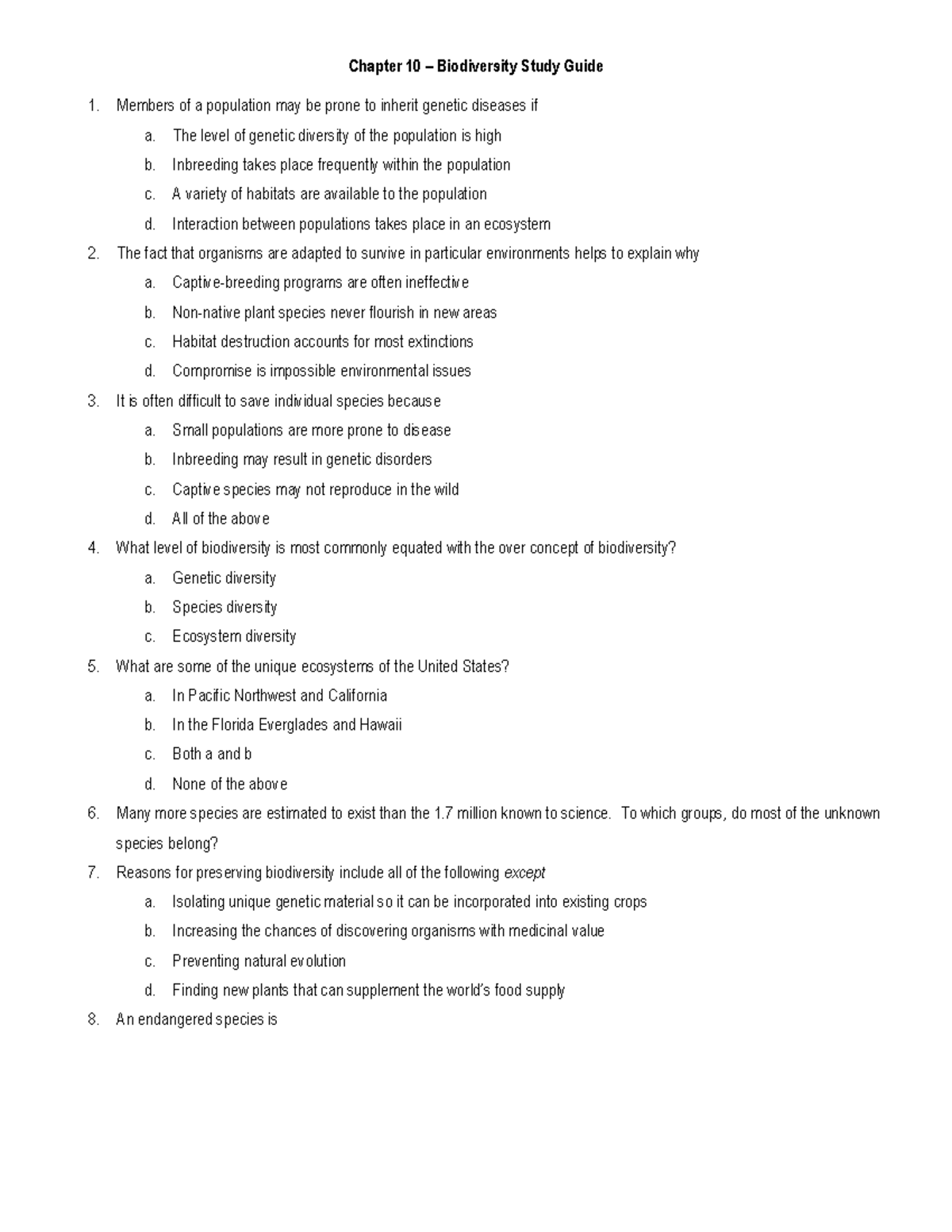 Copy of chapter 10 study guide - Chapter 10 – Biodiversity Study Guide ...
