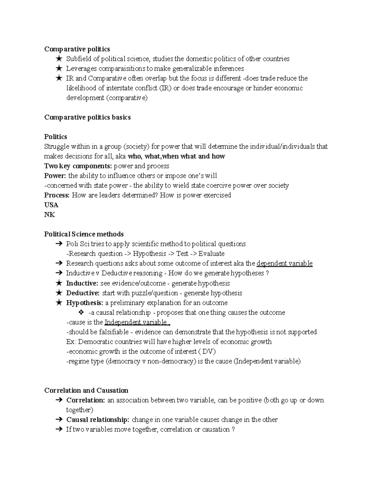 POLS 241 notes (Jan - Apr) - Comparative politics ★ Subfield of ...
