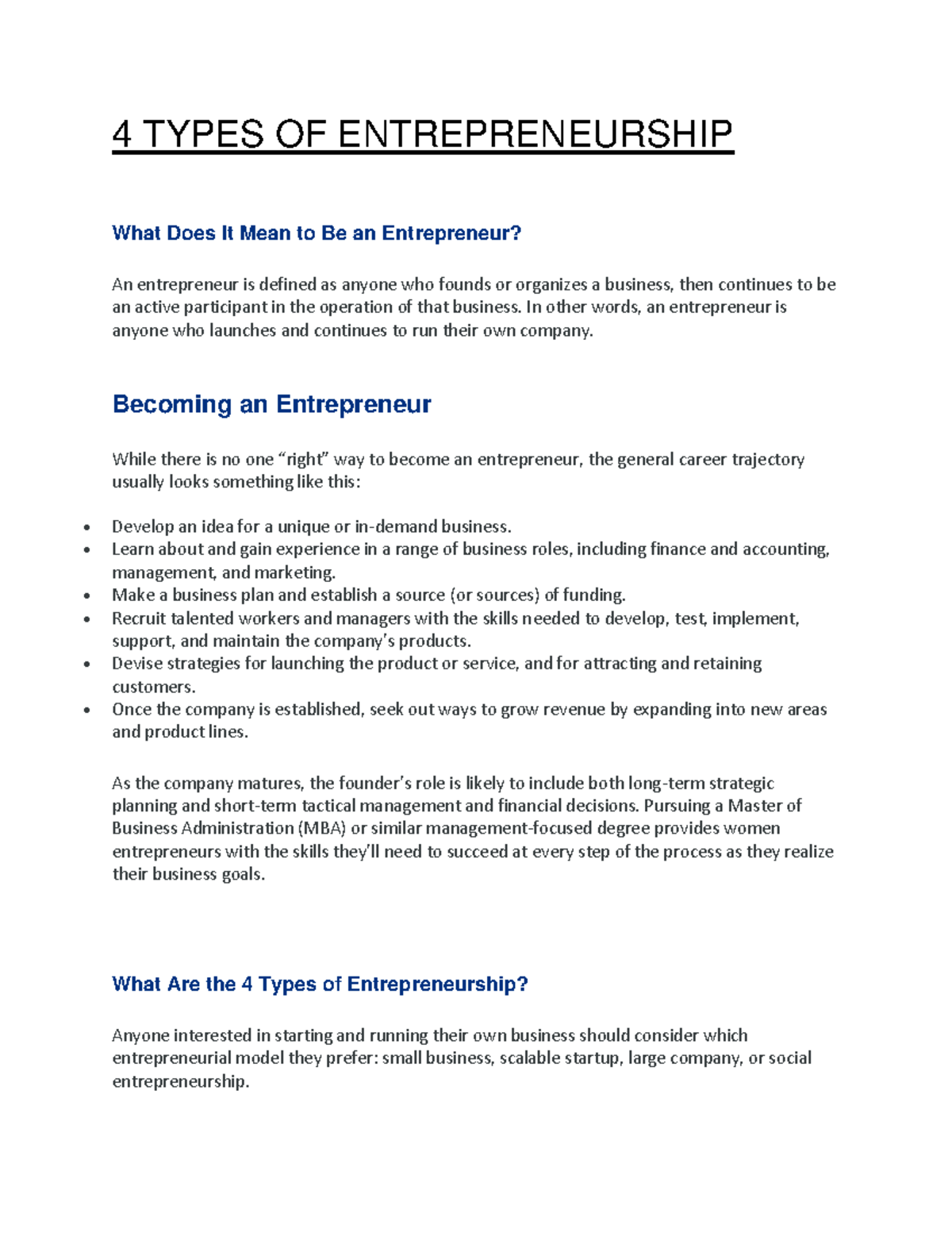 4 Types OF Entrepreneurship 1 - 4 TYPES OF ENTREPRENEURSHIP What Does ...