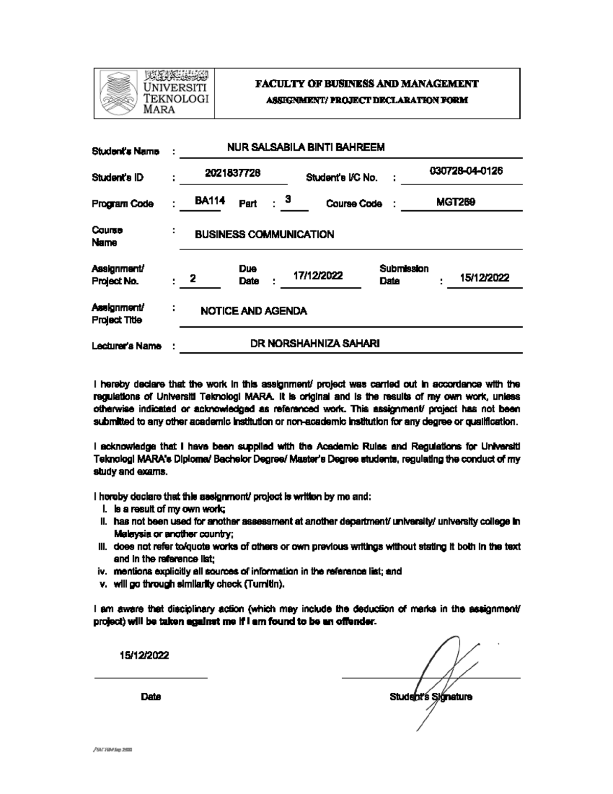 Declaration Bella 2 - Business studies - Studocu