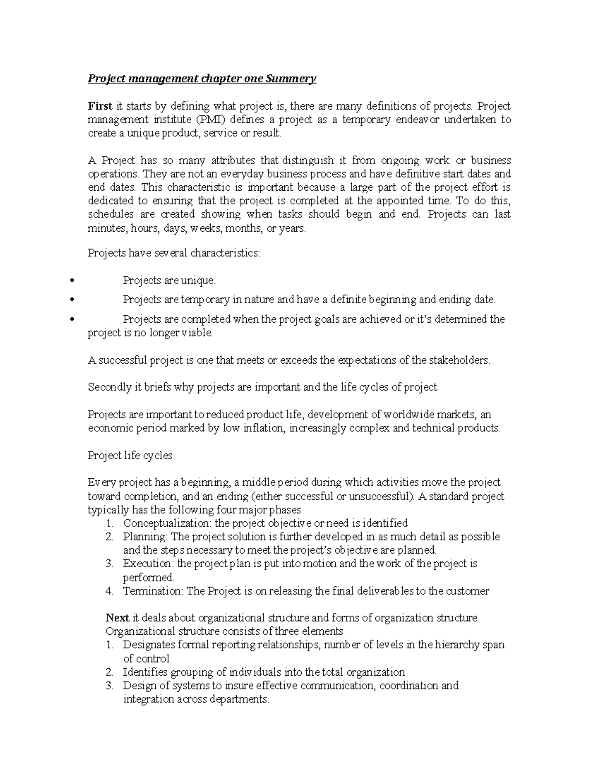 Project management chapter one Summery - Project management institute ...