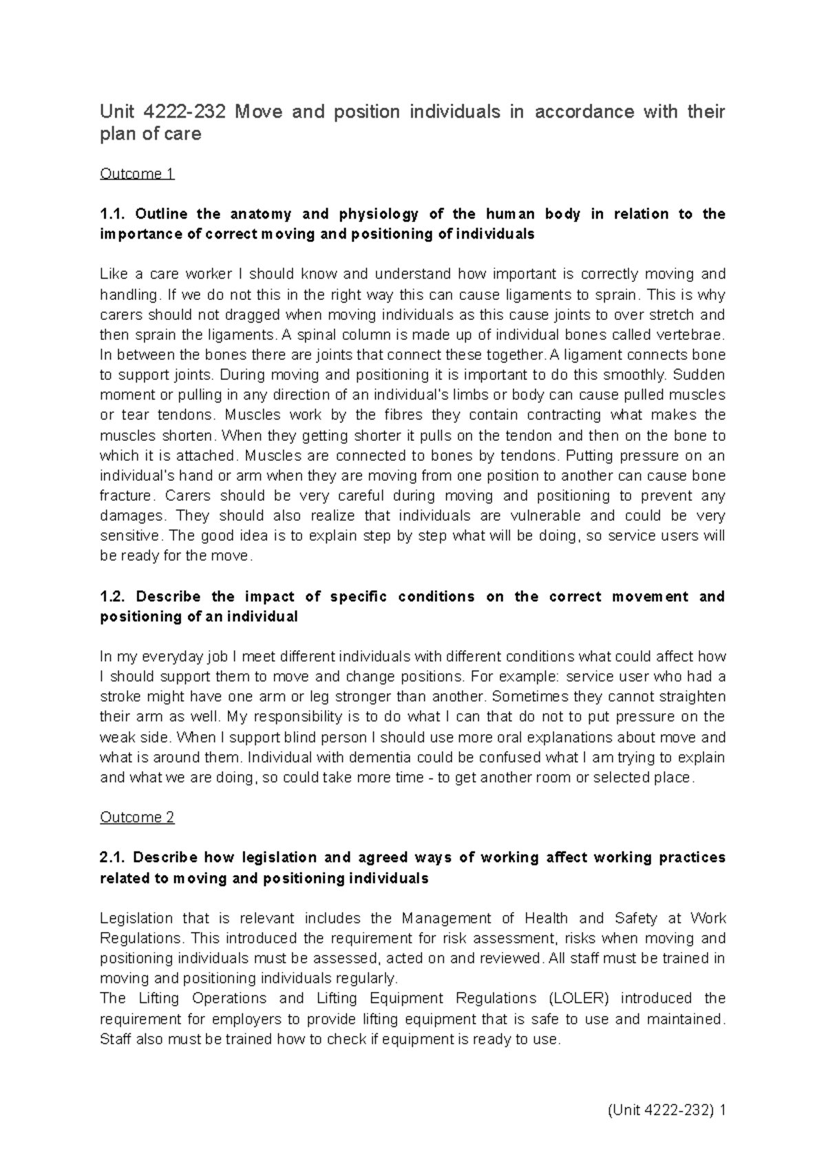 Unit 4222-232 Move and position individuals in accordance with their ...