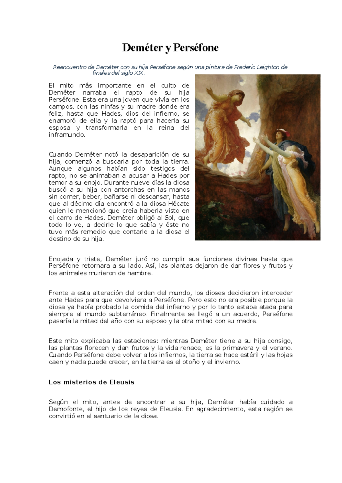 Mito de Deméter y Perséfone - Deméter y Perséfone Reencuentro de Deméter con su hija Perséfone ...