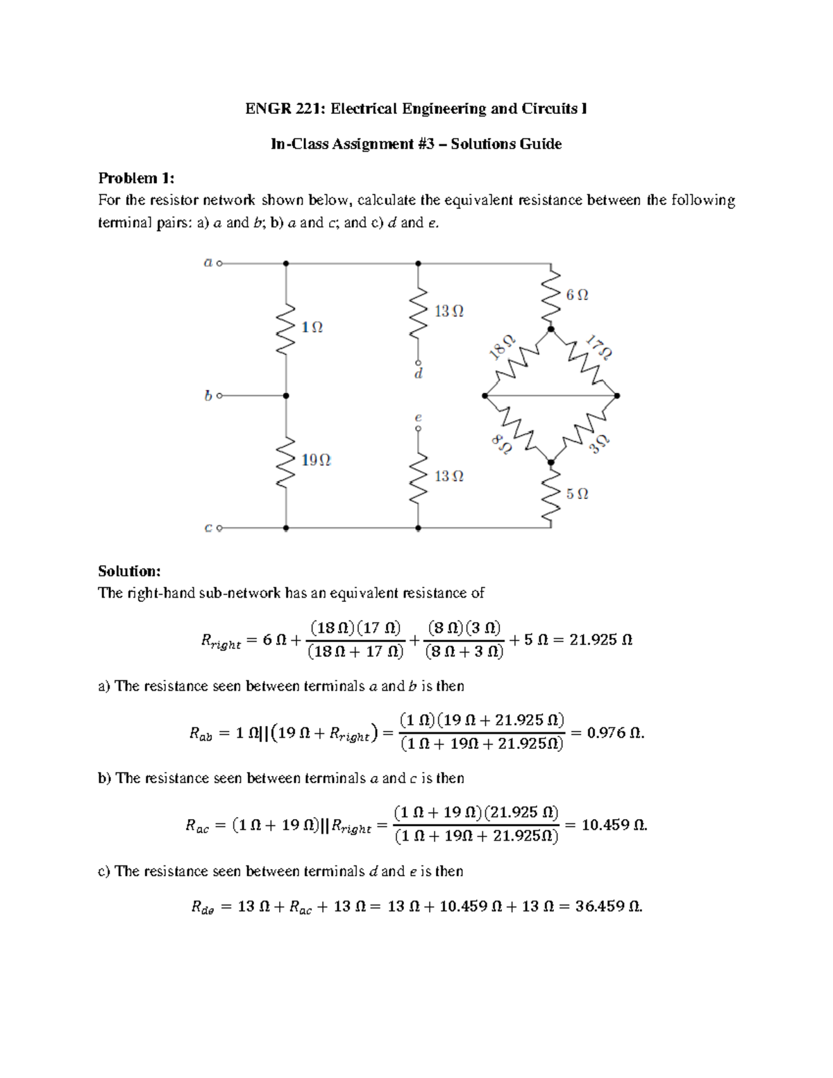 In-Class Assignment #3 - Solutions Guide - ENGR 221: Electrical Engineering and Circuits I In ...
