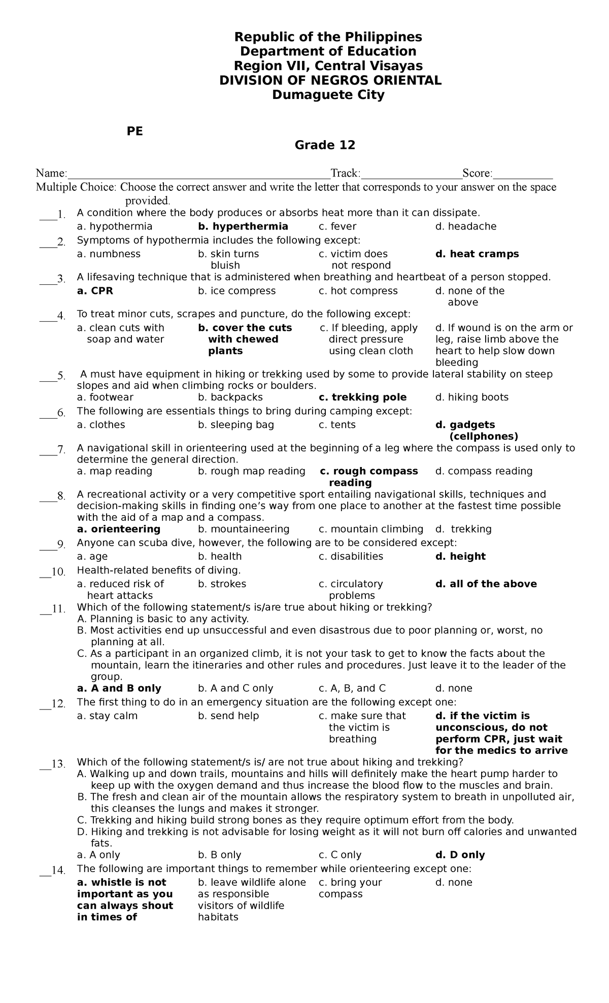 Diagnostic Test PE 12 - PE Grade 12 - Studocu