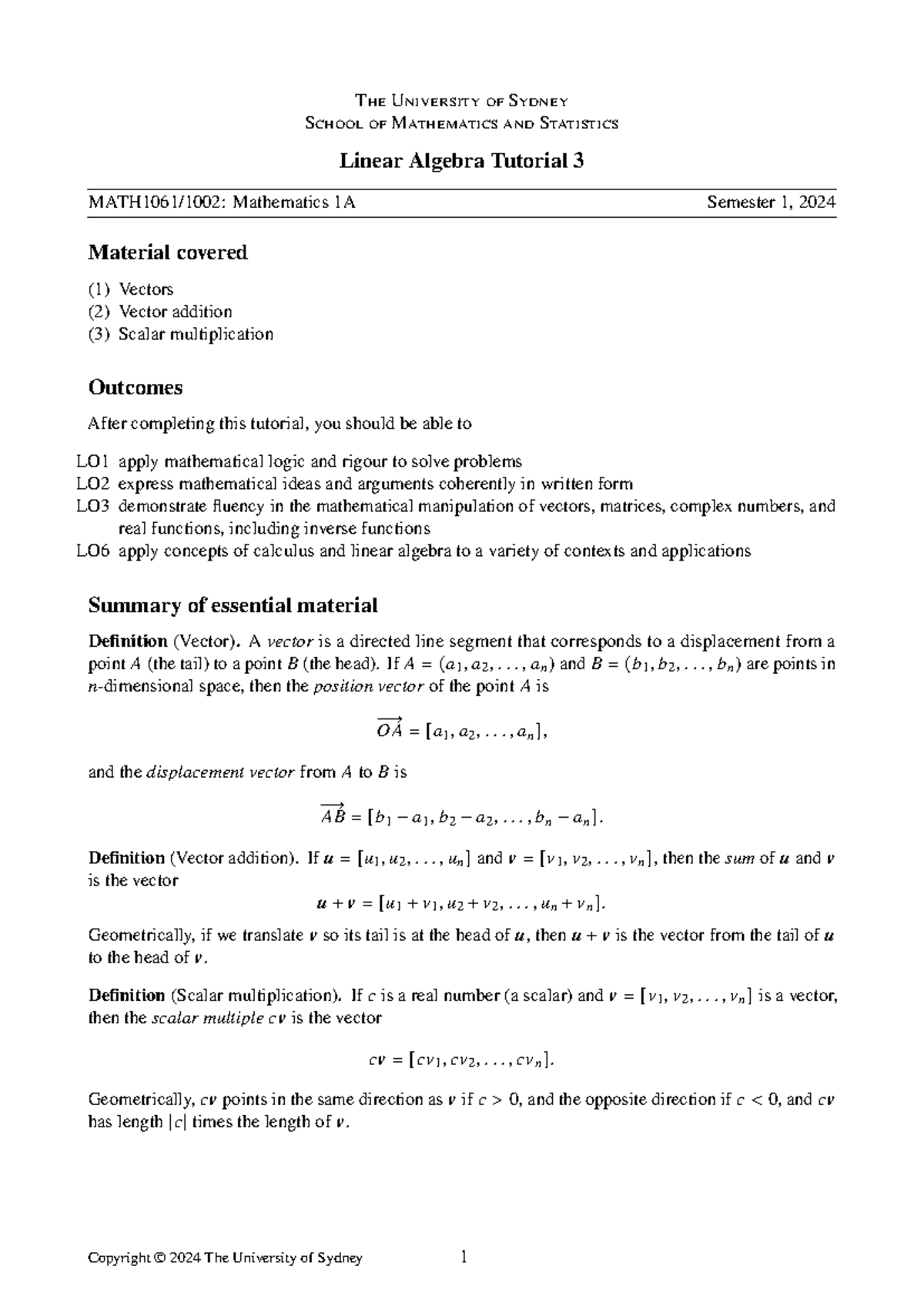 Linear algebra tutorial 3 - The University of Sydney School of Mathematics and Statistics Linear ...