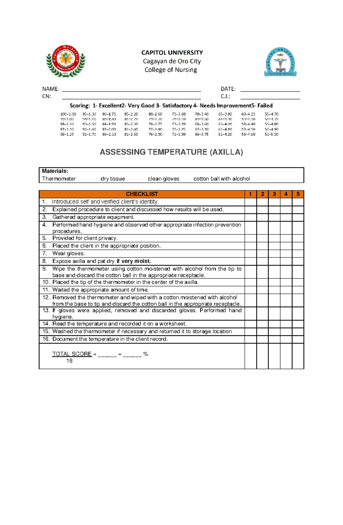RLE 103 Checklist 2023 1 2 - ASSESSING TEMPERATURE (AXILLA) Materials ...