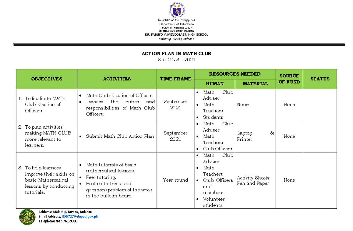 669852392 Math Club Action Plan 2023 2024 - Address: Malamig, Bustos ...