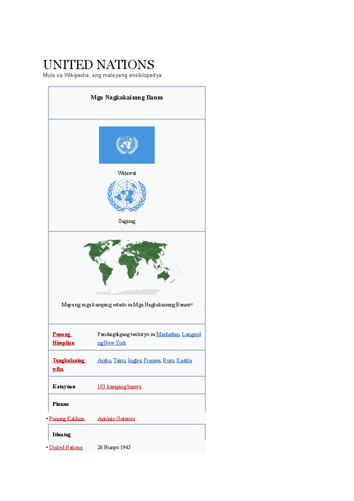 United Nations - worksheet - UNITED NATIONS Mula sa Wikipedia, ang ...